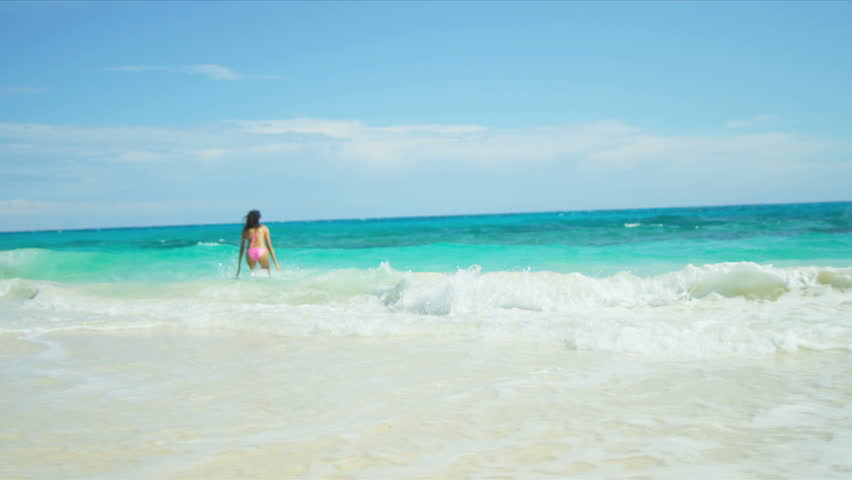 Close Up Happy Latin American Girl Pink Bikini Walking Beach On Luxury