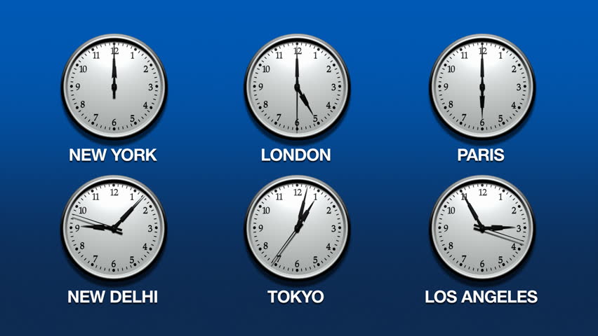 Wall Clocks Showing Different Time Zones Fly By Stock Footage Video ...