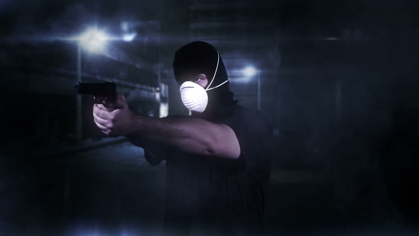 Masked Man With Gun Shooting In Scary Alley 5 Stock Footage Video ...