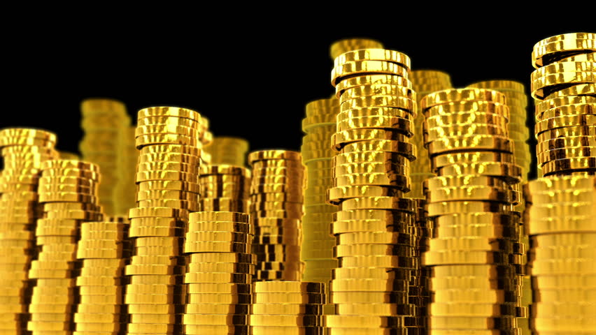 A Lot Of Gold Coins Stacked Up Against Black Background. The Clip Is ...