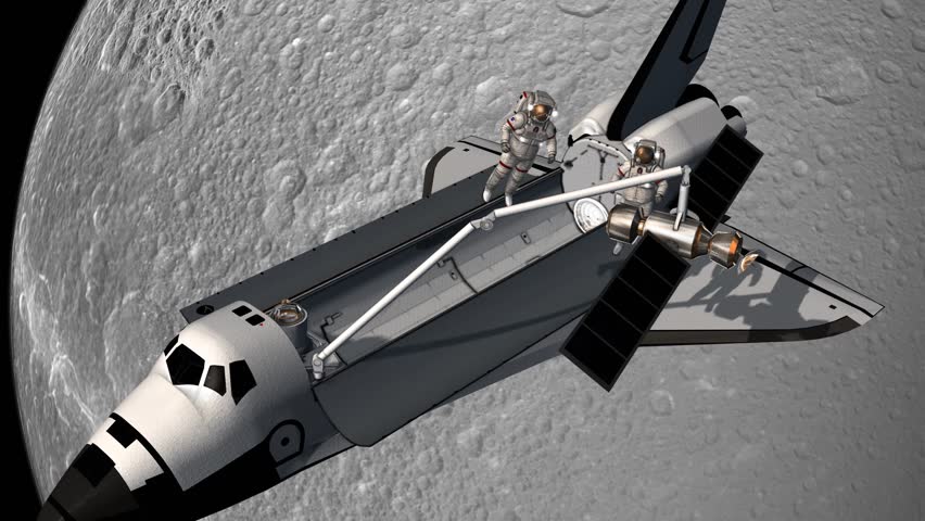 Space Shuttle Astronauts Work At A Satelite In Moon Orbit Stock Footage ...