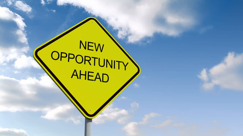 Digital Animation Of New Opportunity And Ahead Road Sign Over Cloudy ...